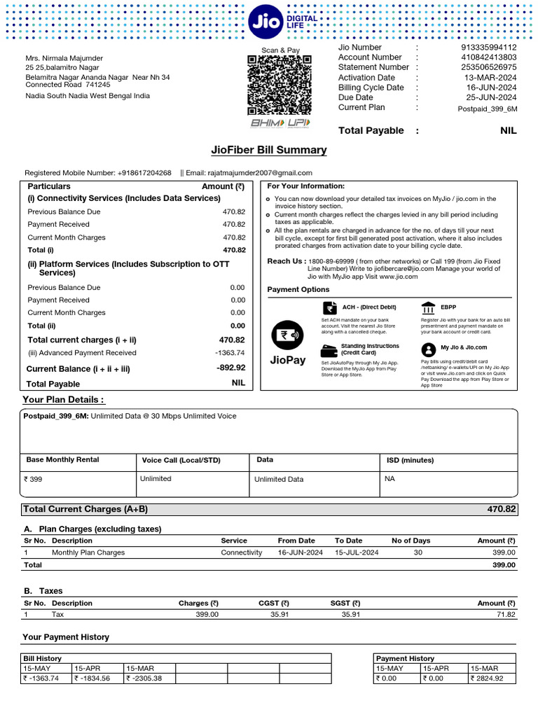 Jiofiber Bill Summary: Total Payable Nil | PDF | Payments | Banks