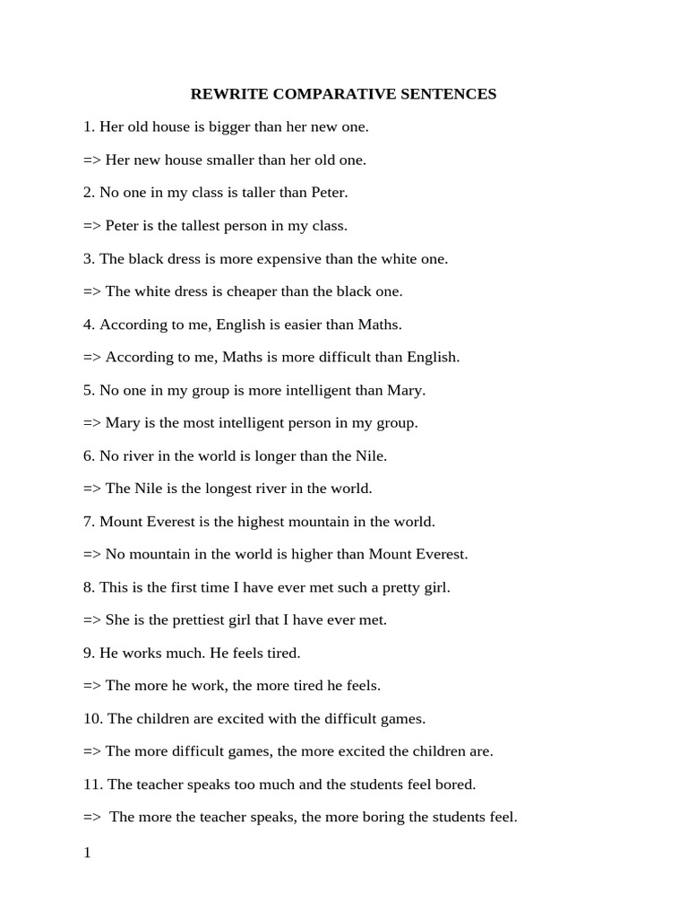 REWRITE COMPARATIVE SENTENCES Without Keys | PDF
