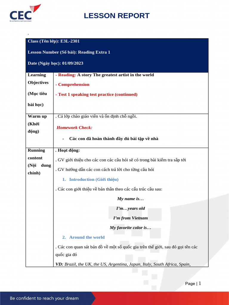 Lesson Report - E3L-2301 - 01-09-2023 | PDF
