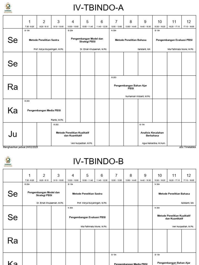 JADWAL PERKELAS GENAP 2024-2025 SMT IV Dan VI | PDF
