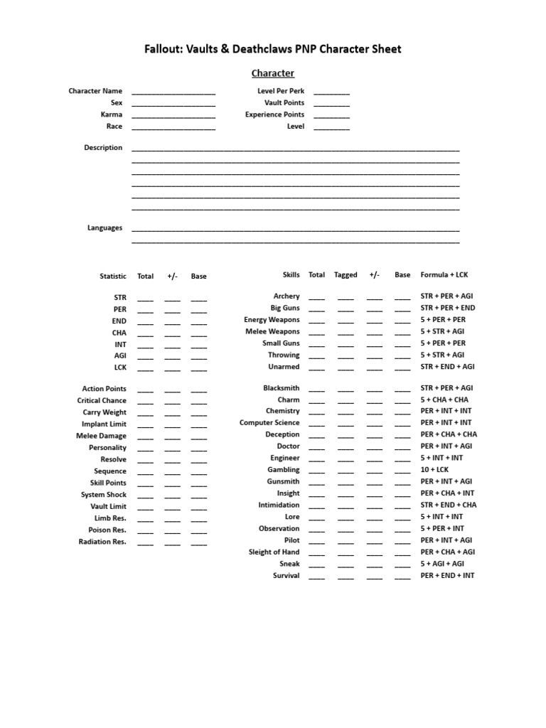 Character Sheet - Fallout Vaults & Deathclaws PNP | PDF