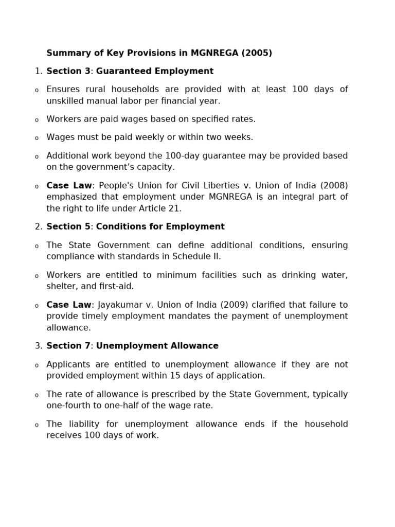 Summary of Key Provisions in MGNREGA | PDF | Economies | Labor