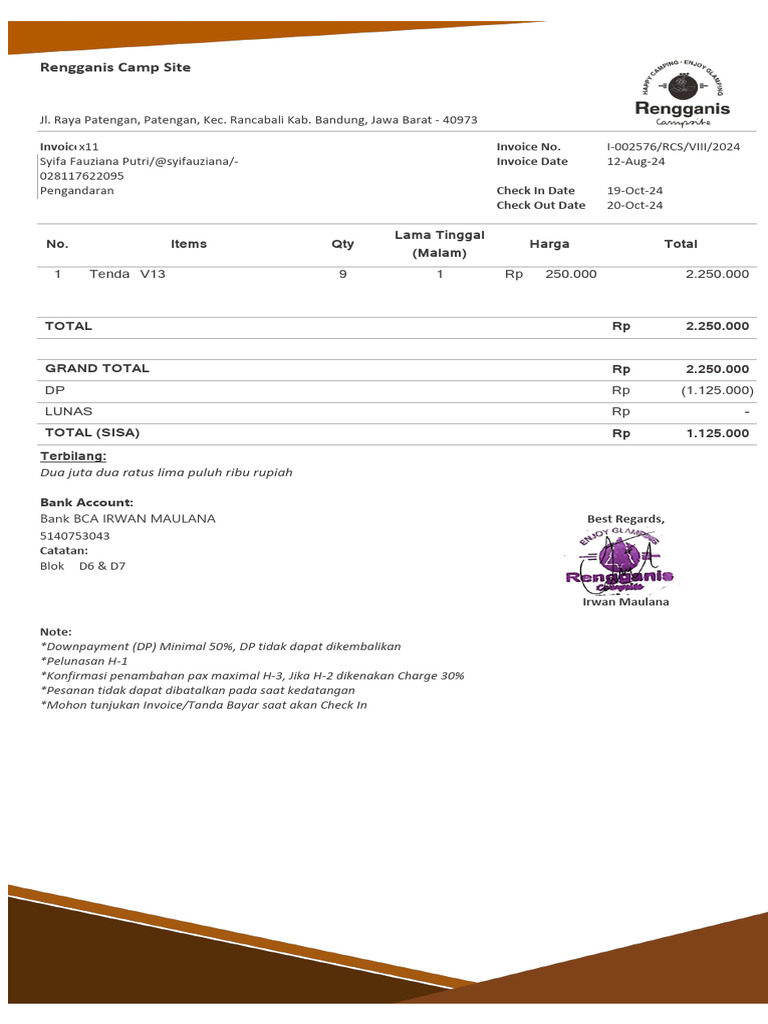 002576 Invoice DP Syifa Fauziana Putri | PDF