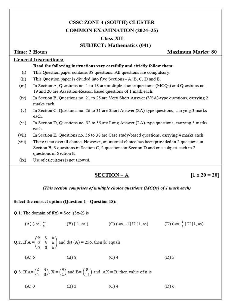 STD XII CSSC Mathematics Question Paper 2024-25 | PDF | Area | Circle
