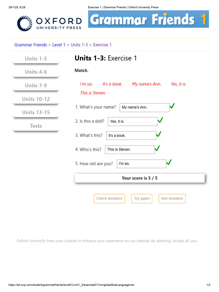 Exercise 1 - Grammar Friends - Oxford University Press | PDF