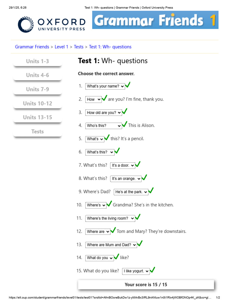 Test 1 - WH - Questions - Grammar Friends - Oxford University Press | PDF