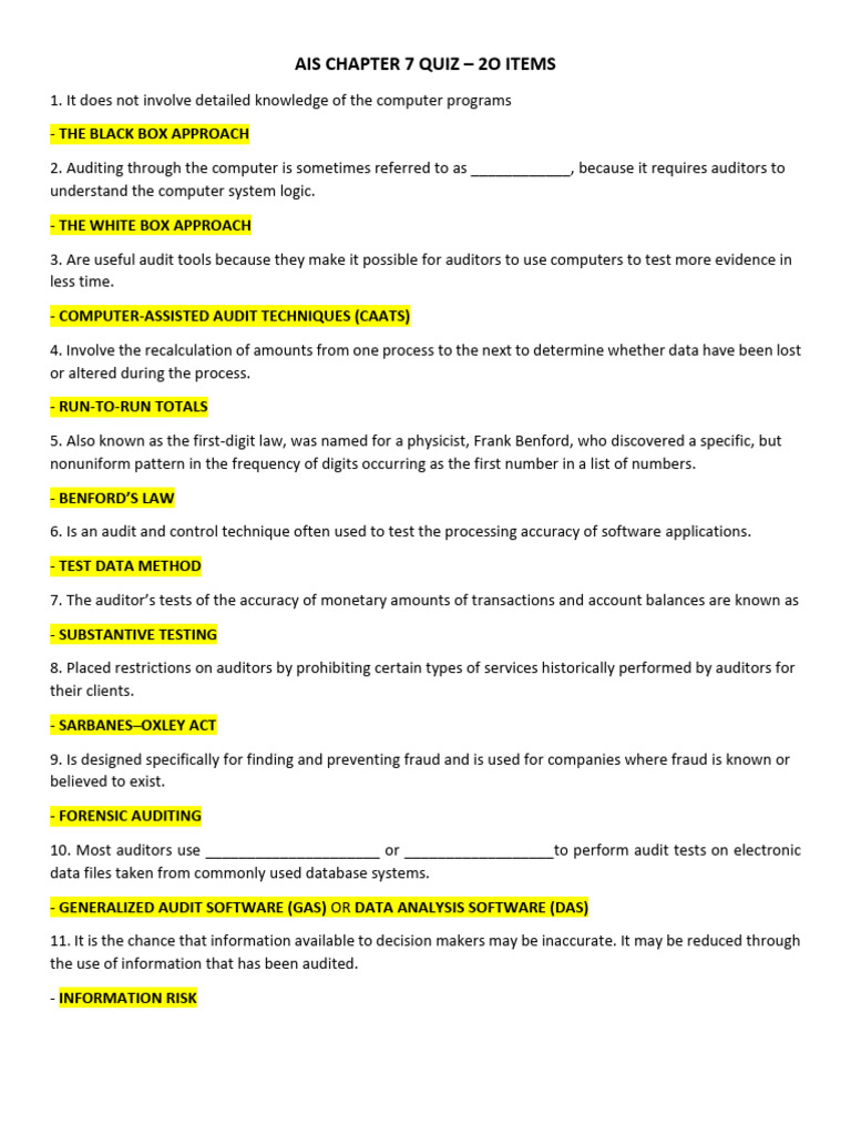 Ais Chapter 7 Quiz Ans and Ques | PDF | Audit | Business