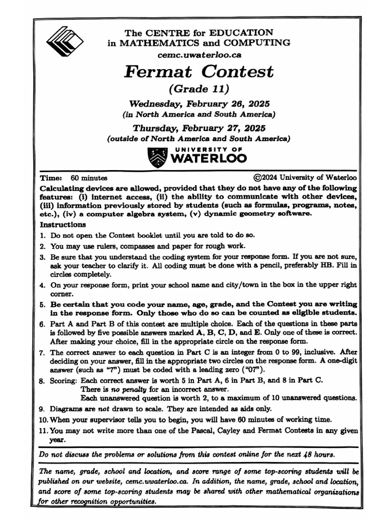 2025 Fermat Contest & Answers | PDF