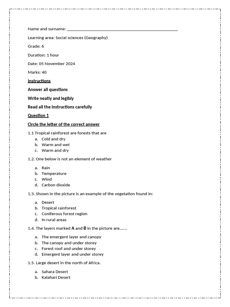 Grade 6 Geography Term 4 Exam Paper | PDF | Rainforest | Forests