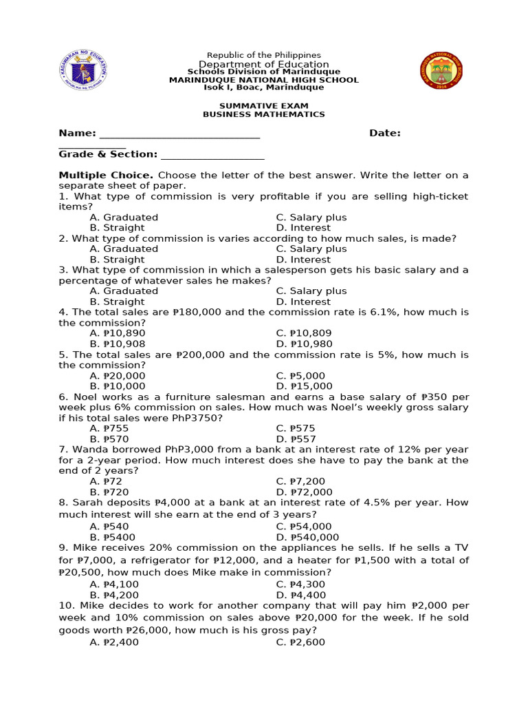 Summative Business Math | PDF | Employment | Salary