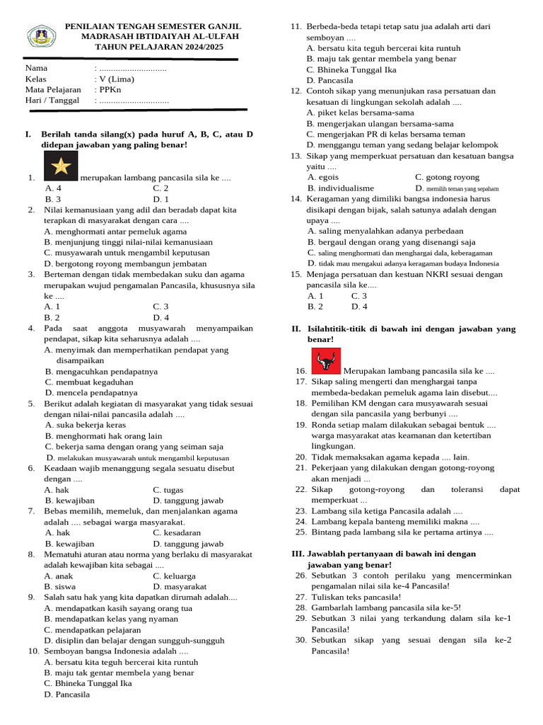 SOAL PTS GANJIL PPKn KELAS 5 | PDF