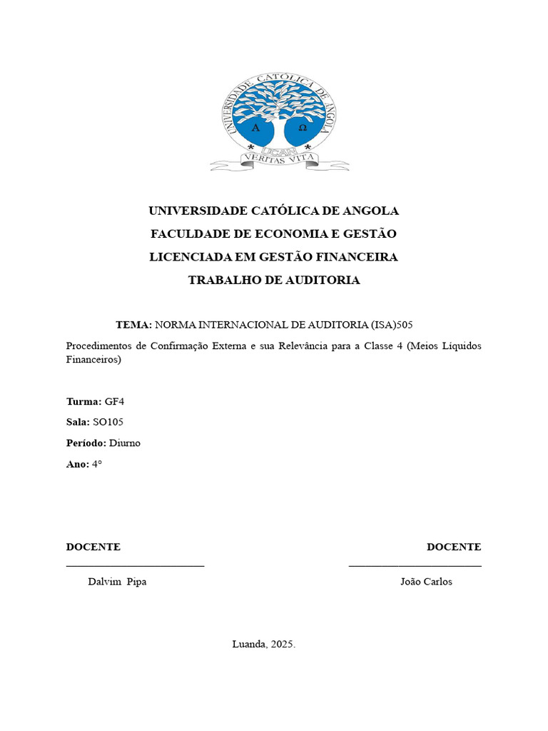 Grupo N°4, ISA 505 - Classe 3, AUDITORIA. | PDF | Bancos | Informação