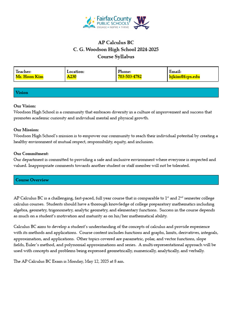 Approved AP Calculus BC Syllabus 24-25 | PDF | Calculus | Derivative