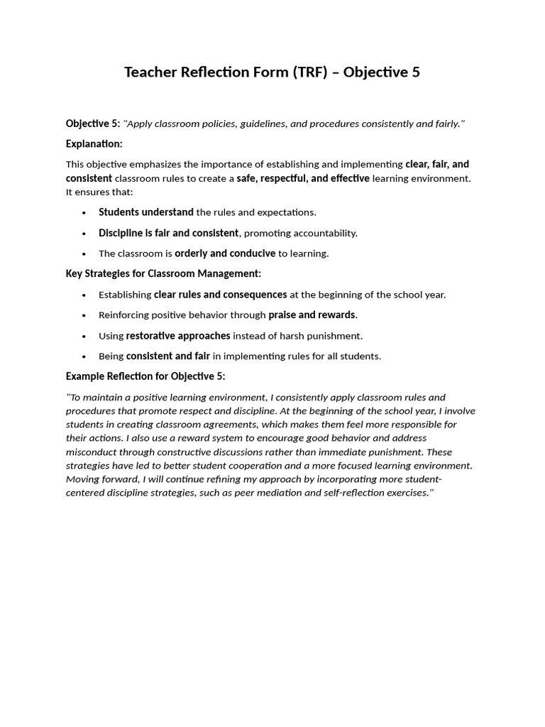 Teacher Reflection Form 5 | PDF
