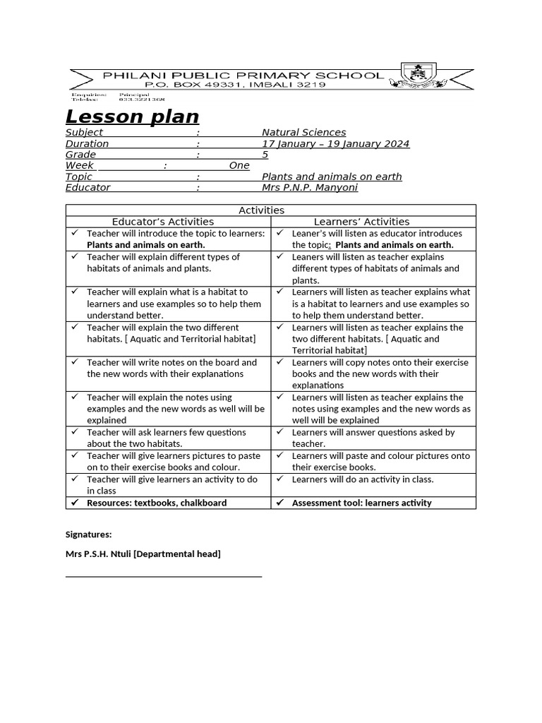 Grade 5 Natural Sciences Lesson Plan | PDF | Teachers | Lesson Plan