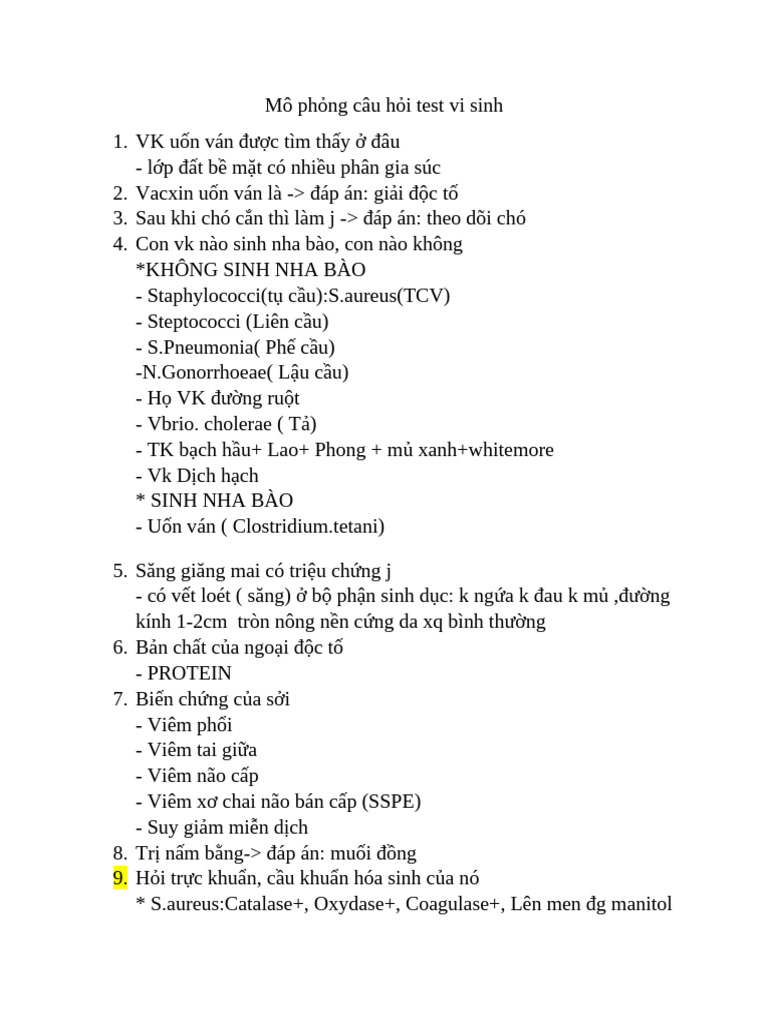 Mô phỏng câu hỏi test vi sinh | PDF