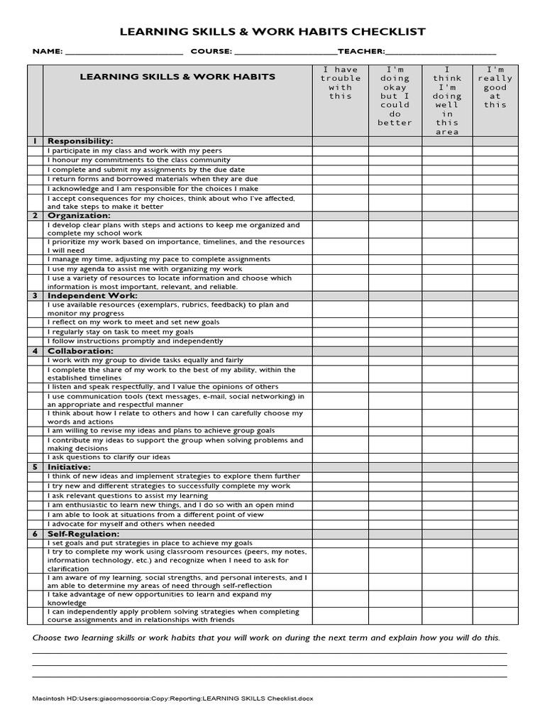 Academic Learning Skills Checklist | PDF | Learning | Cognition
