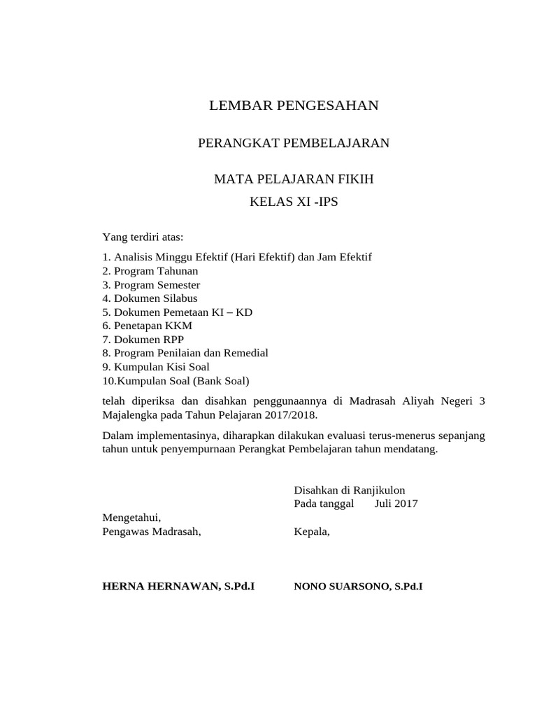 Lembar Pengesahan Perangkat Pembelajaran | PDF