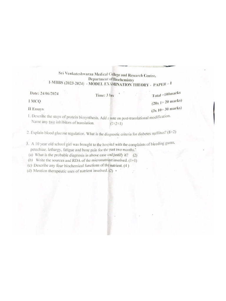 Pondy SVMCH&RC Mbbs 1st Year QP | PDF