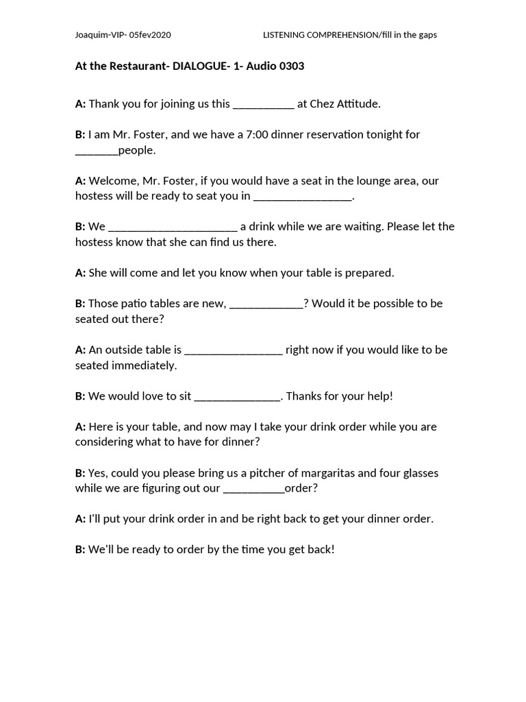 At the Restaurant listening 0303 | PDF