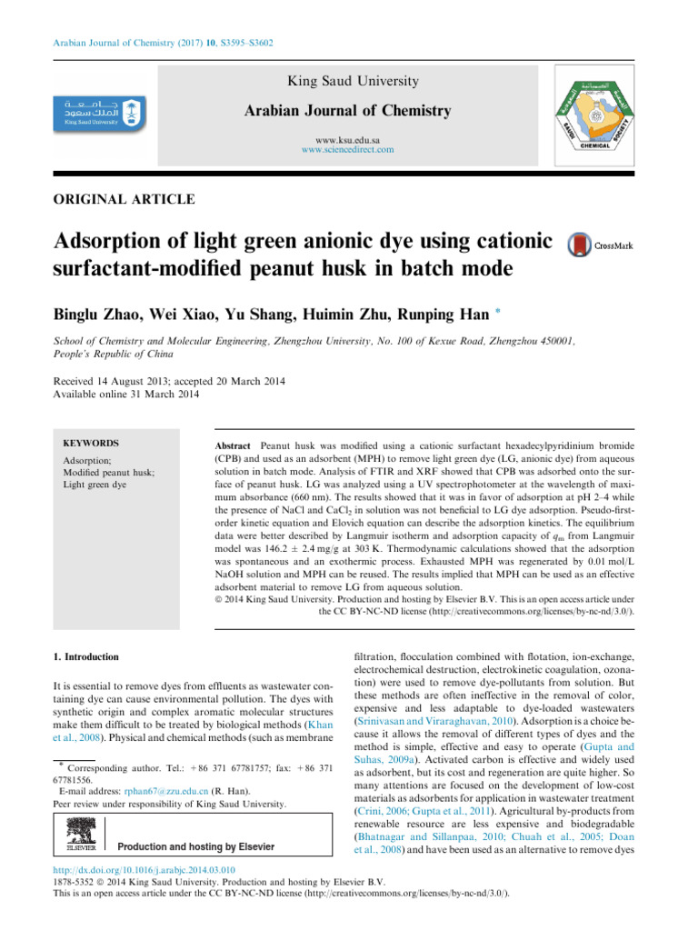 Adsorption of Light Green Anionic Dye Using Cationic | PDF | Adsorption ...