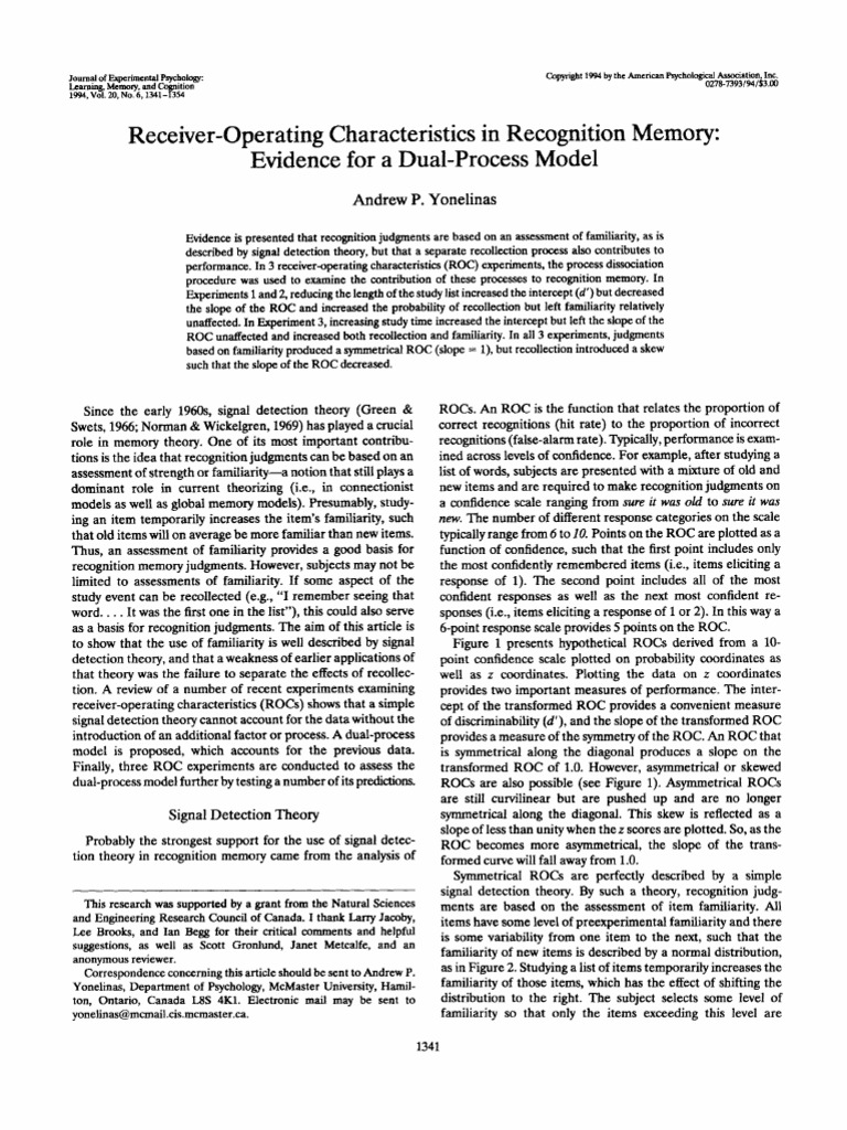 Yonelinas - 1994 - Receiver-Operating Characteristics in Recognition | PDF | Receiver Operating ...