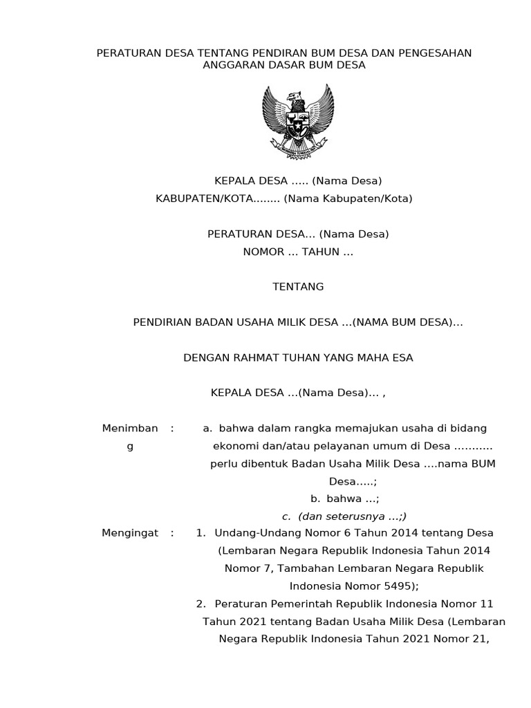 Peraturan Desa Tentang Pendiran Bum Desa Dan Pengesahan Anggaran Dasar ...