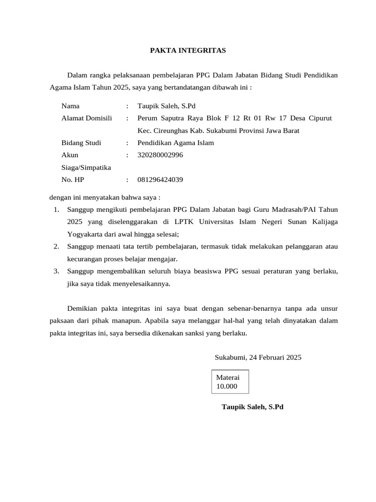 Format Pakta Integritas PPG DALJAB 2025 UIN Sunan Kalijaga Yogyakarta | PDF