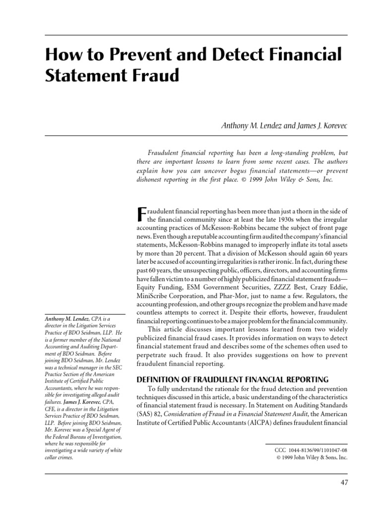 How To Prevent and Detect Financial Statement Fraud: Anthony M. Lendez and James J. Korevec ...