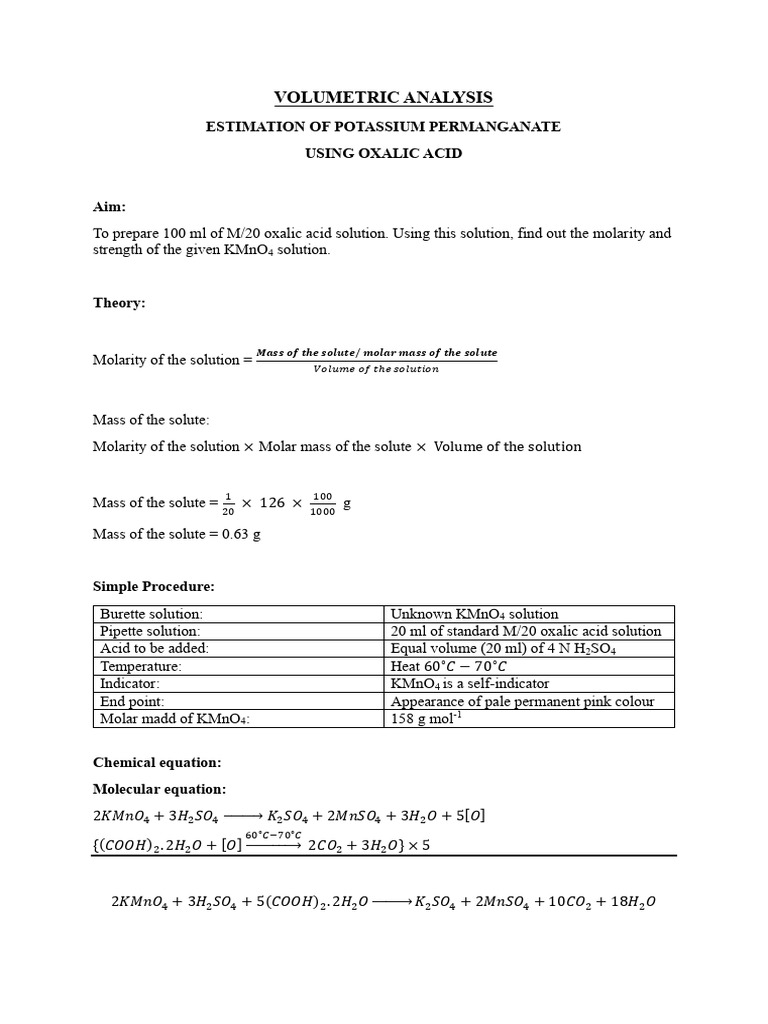 Volumetric Analysis Oxalic Acid | PDF | Titration | Chemistry