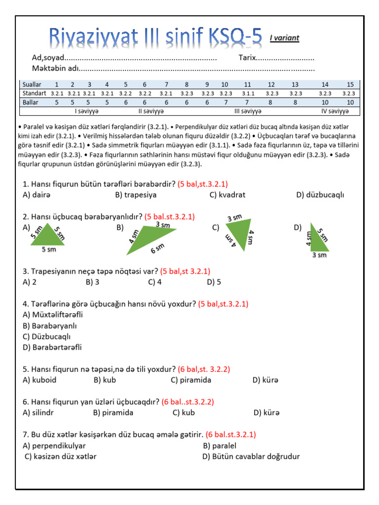 PAYLAŞMA - ödənİŞLİ.3 Cü Sinif Riyaziyyat KSQ 5 I Variant (Fayilə Müəllimə) | PDF