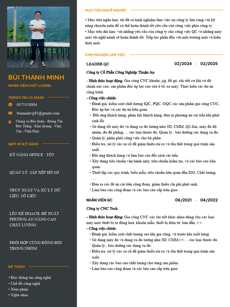 CV BÙI THANH MINH - Bùi Thanh Minh - Nhân Viên Chất Lượng | PDF