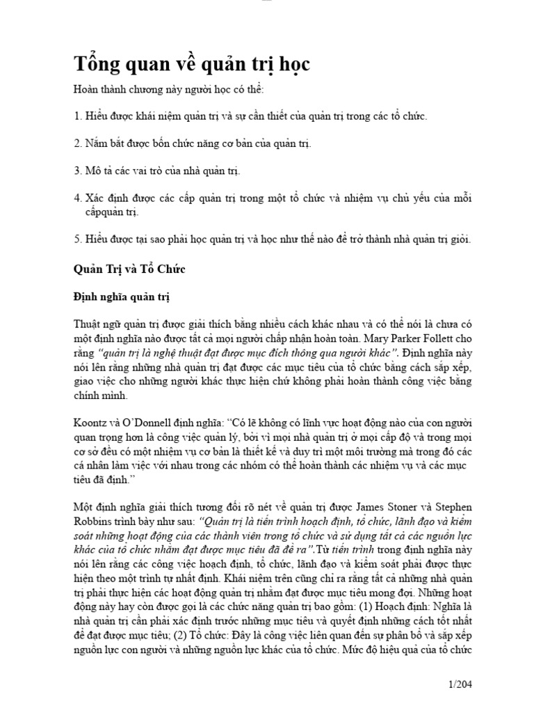 Chuong 1 Tong Quan Ve Quan Tri Hoc Quan Tri Hoc Dai Cuong Em1010 Truon 115090 | PDF