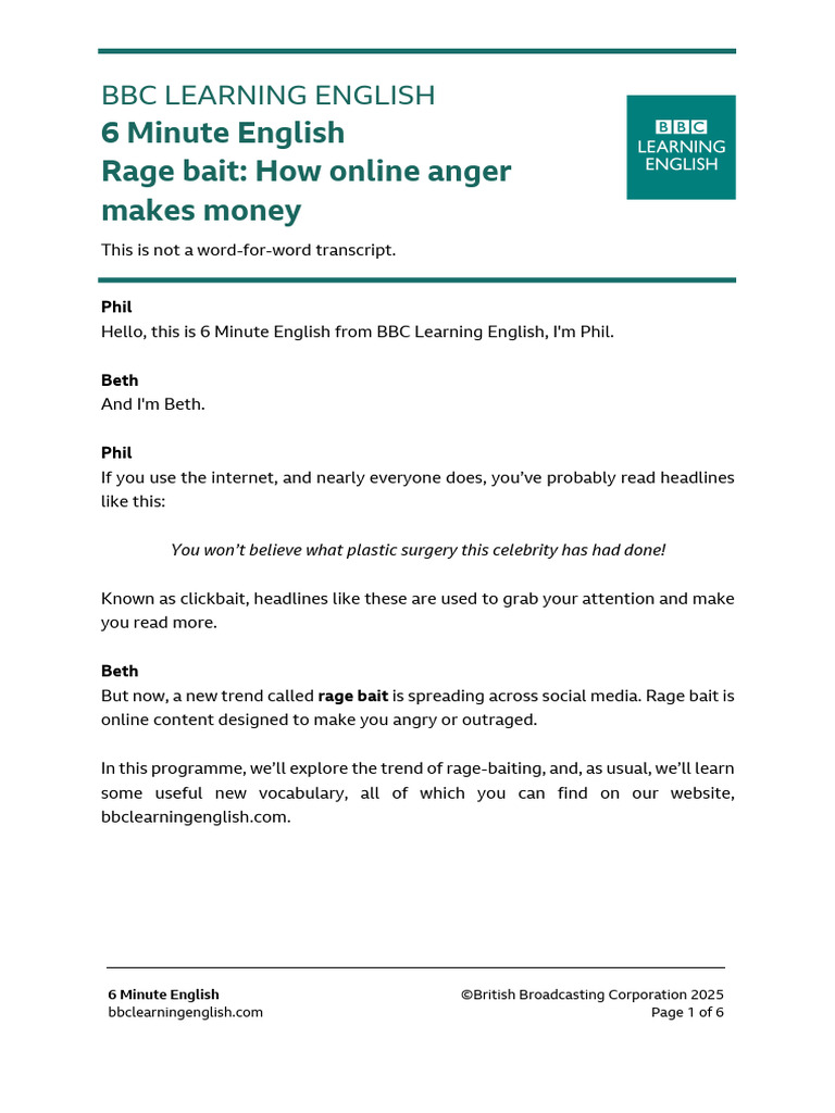 6 Minute English Rage Bait | PDF | Psychology | Human Communication