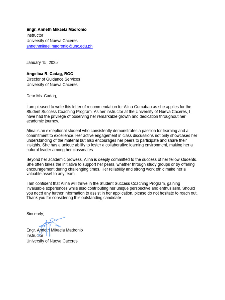 Reco Letter - Gumabao (Maam Anneth) | PDF