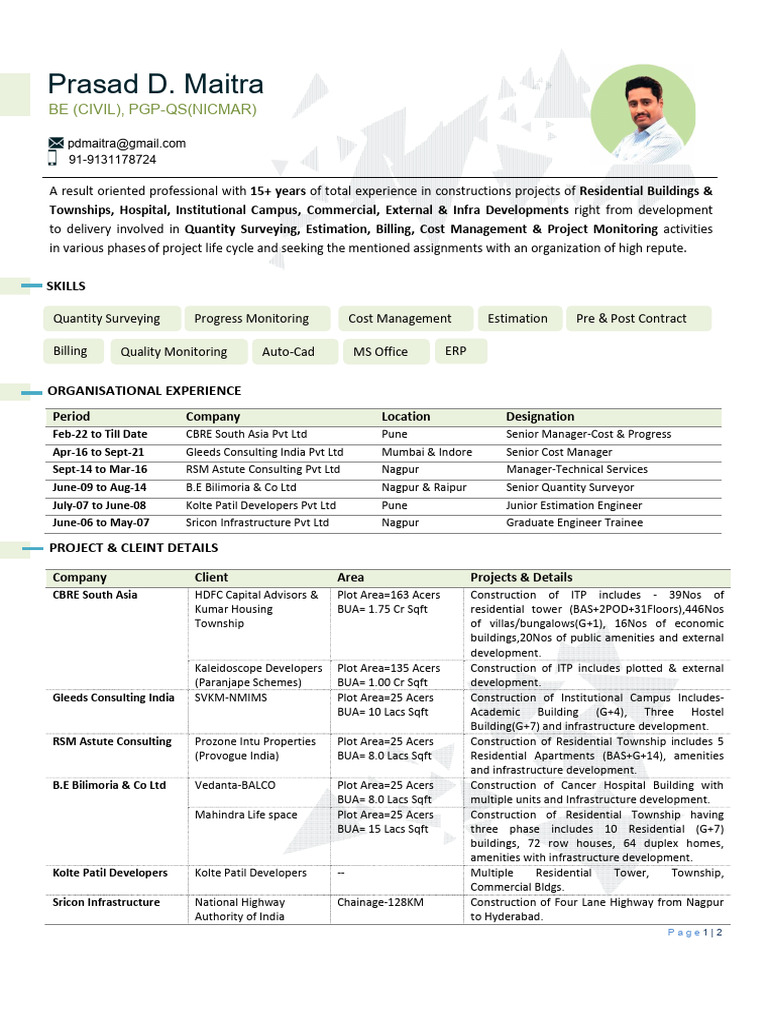 CV-QS, Cost & Progress-Prasad Maitra | PDF | Business