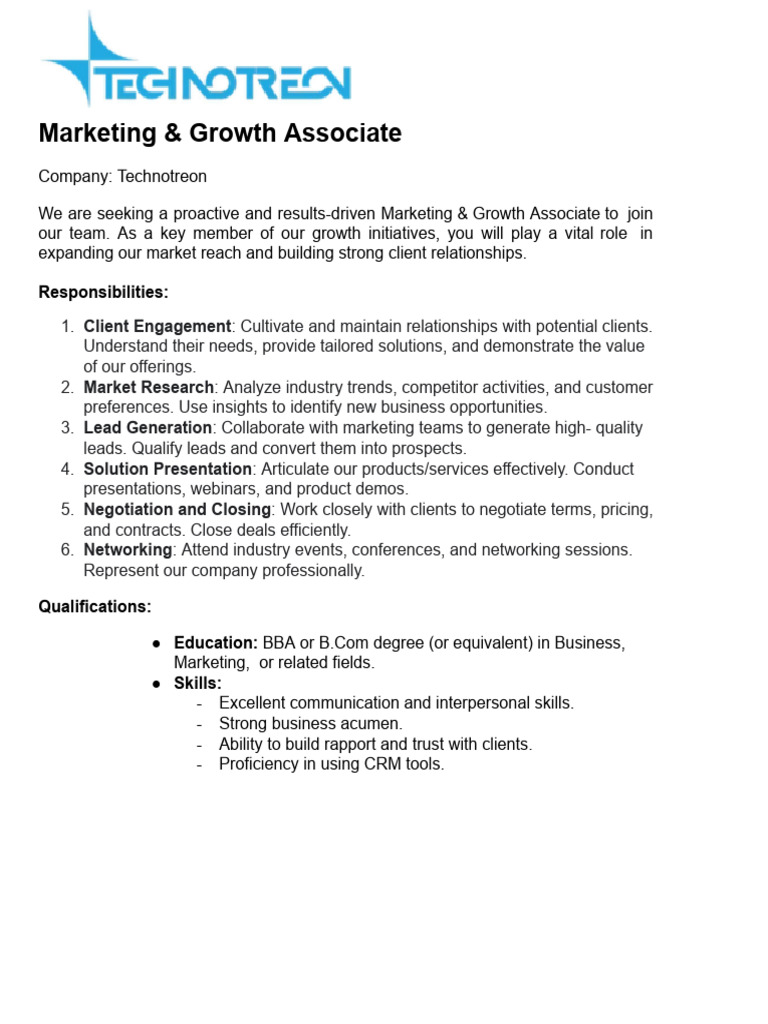 Marketing & Growth Role at Technotreon | PDF