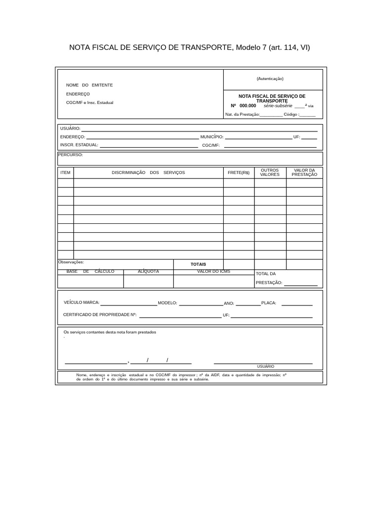 Modelo de Nota Fiscal de Transporte | PDF