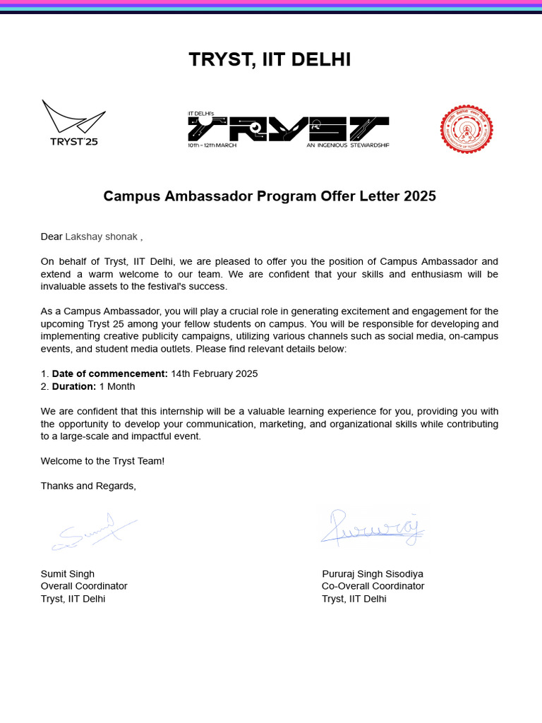 Campus Ambassador Tryst Delhi | PDF