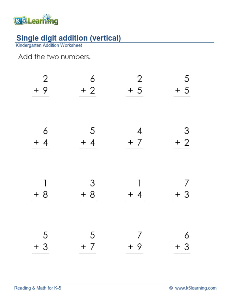 Single Digit Addition (Vertical) Worksheet1 | PDF