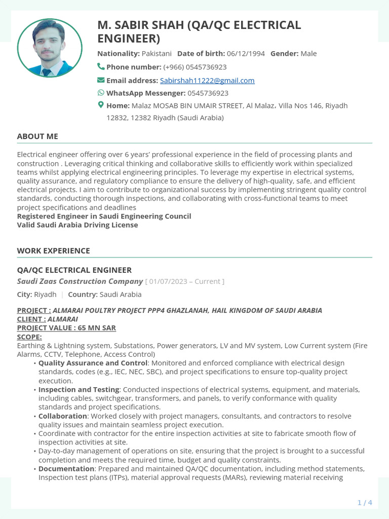 Electrical QA/QC Engineer Profile | PDF | Quality Assurance | Specification (Technical Standard)