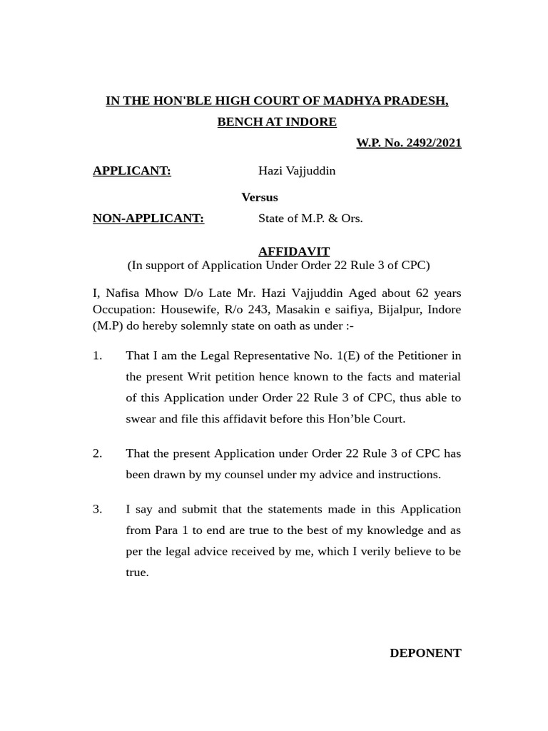 Affidavit - Nafisa Mhow Wala (Hazi Vajjuddin Vs State of M.P.) | PDF | Affidavit | Public Law