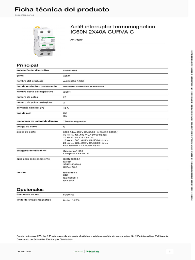 Schneider Electric - Acti-9-iC60 - A9F74240 | PDF | Electricidad ...