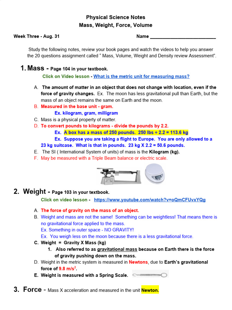 Mass, Weight, Force, and Volume Guide | PDF | Weight | Volume