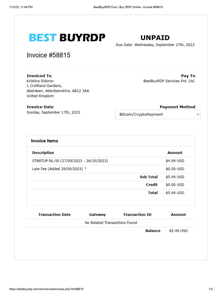 Buy RDP Online - Invoice #58815 | PDF