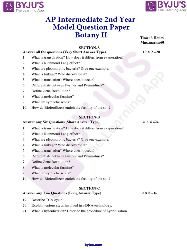 AP Intermediate 2nd Year Model Question Papers Botany Paper II | PDF