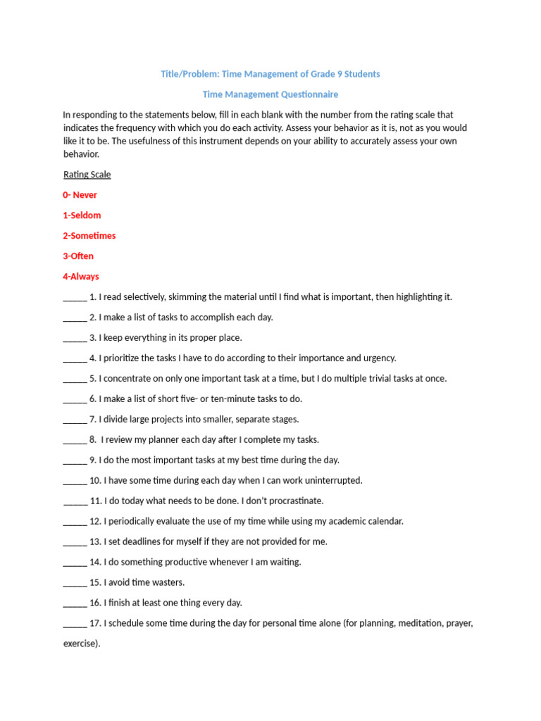 Time Management Skills for Grade 9 Students | PDF | Time Management ...
