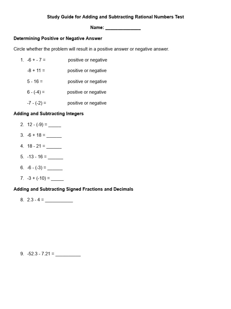 Adding and Subtracting Rational Numbers Test Study Guide 2 | PDF ...