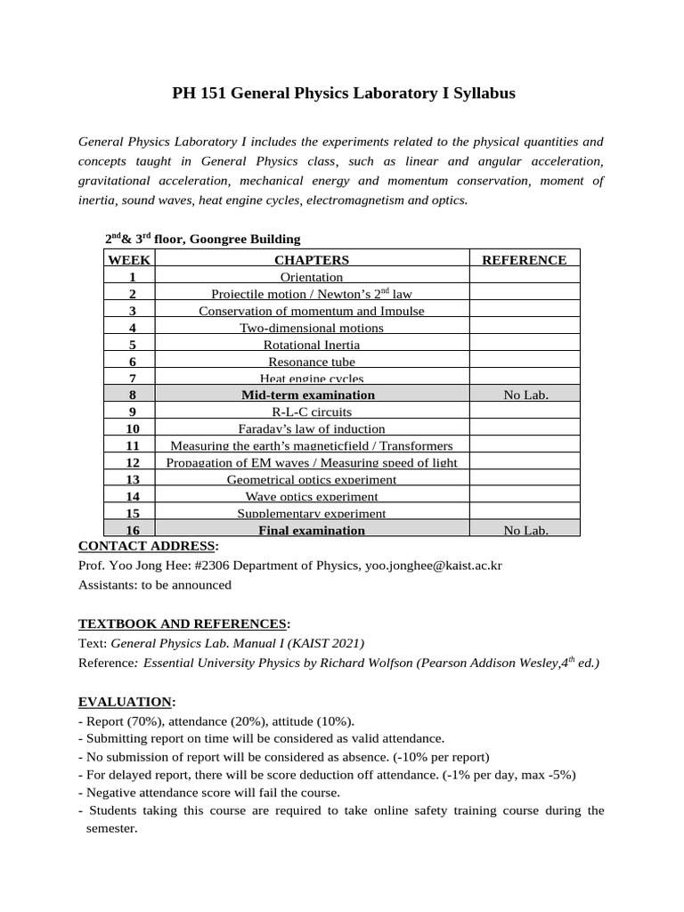 Syllabus - General Physics Laboratory I (2021 Fall) | PDF