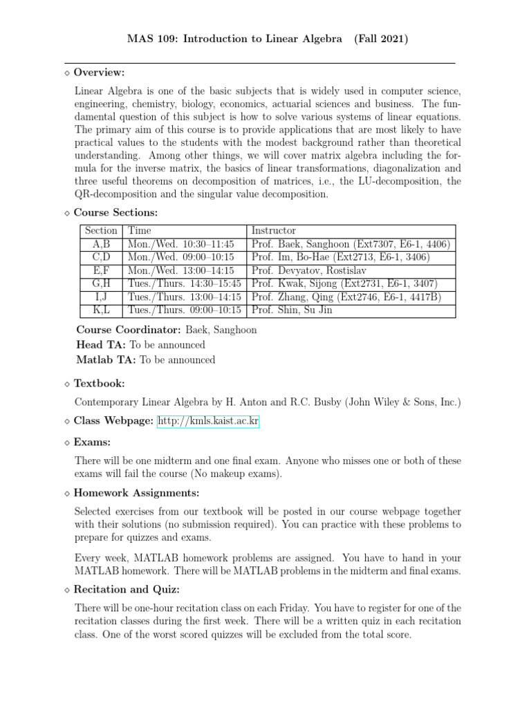 MAS109_Syllabus (1) | PDF | Matrix (Mathematics) | Algebra